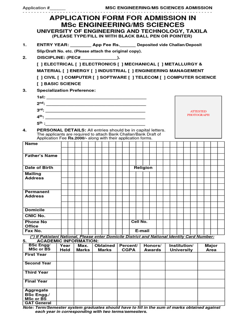 MSc Engineering Admission Application Form | PDF | Bachelor Of Science ...