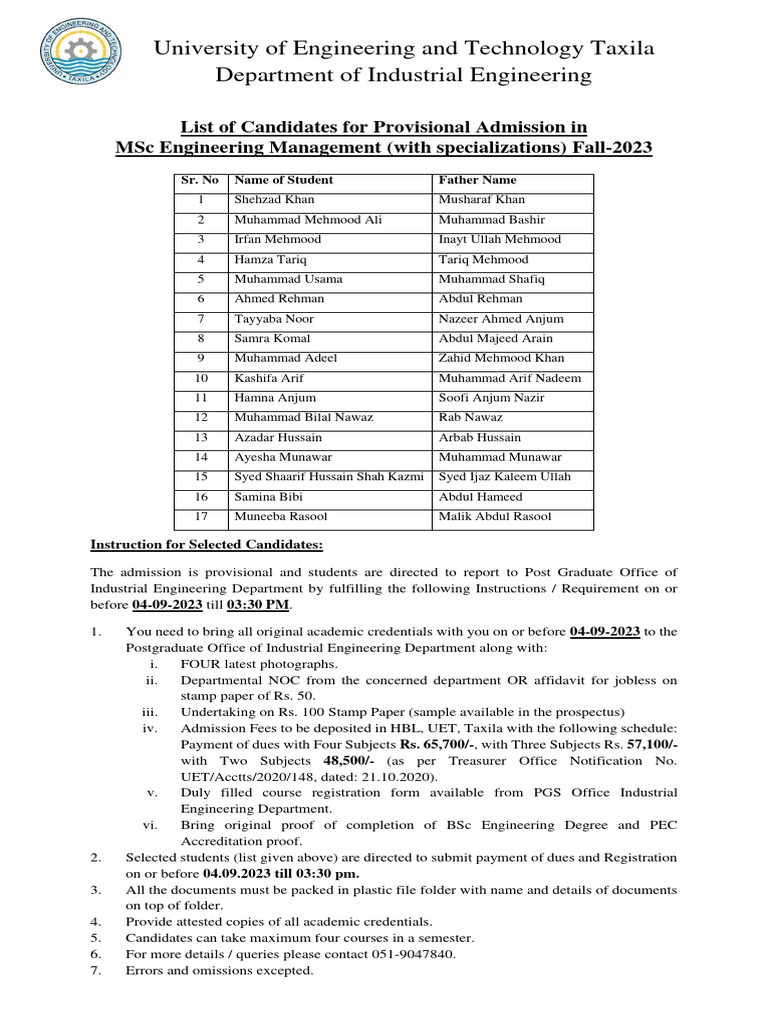 SelectedAdmission IED MSC EM 2023 | PDF