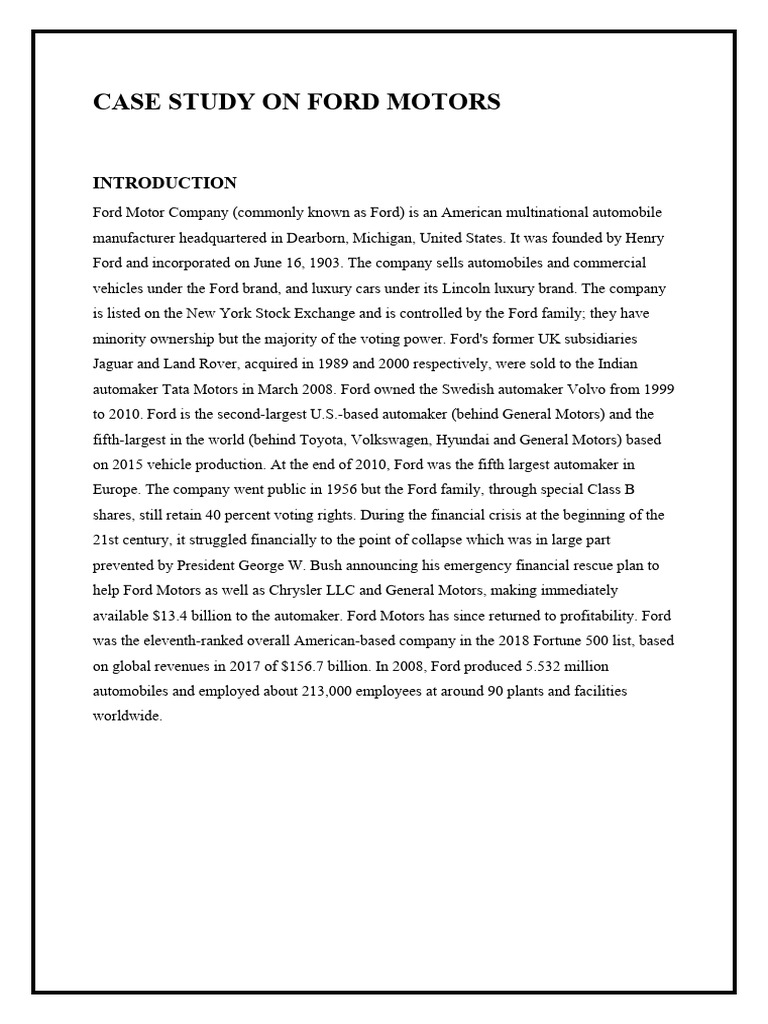 Case Study On Ford Motors Pdf Ford Motor Company Automotive Industry