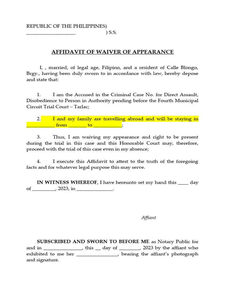 Affidavit of Waiver of Appearance | PDF | Law | Social Science