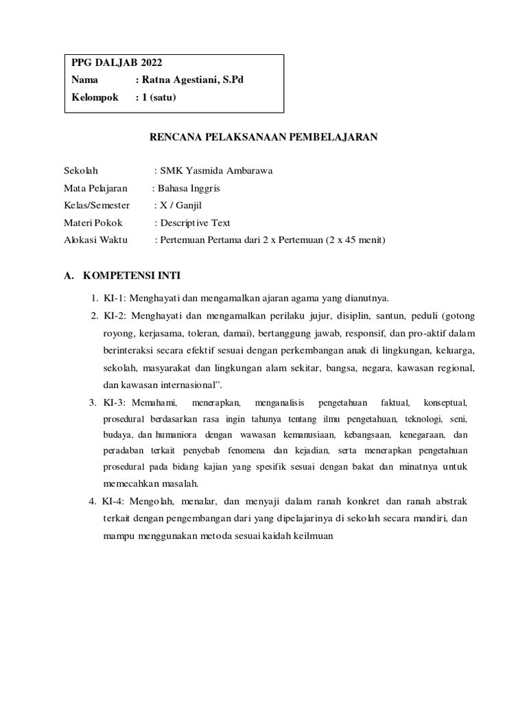 RPP Ratna Agestiani Fix Descriptive Text Pertemuan Pertama - 3 | PDF