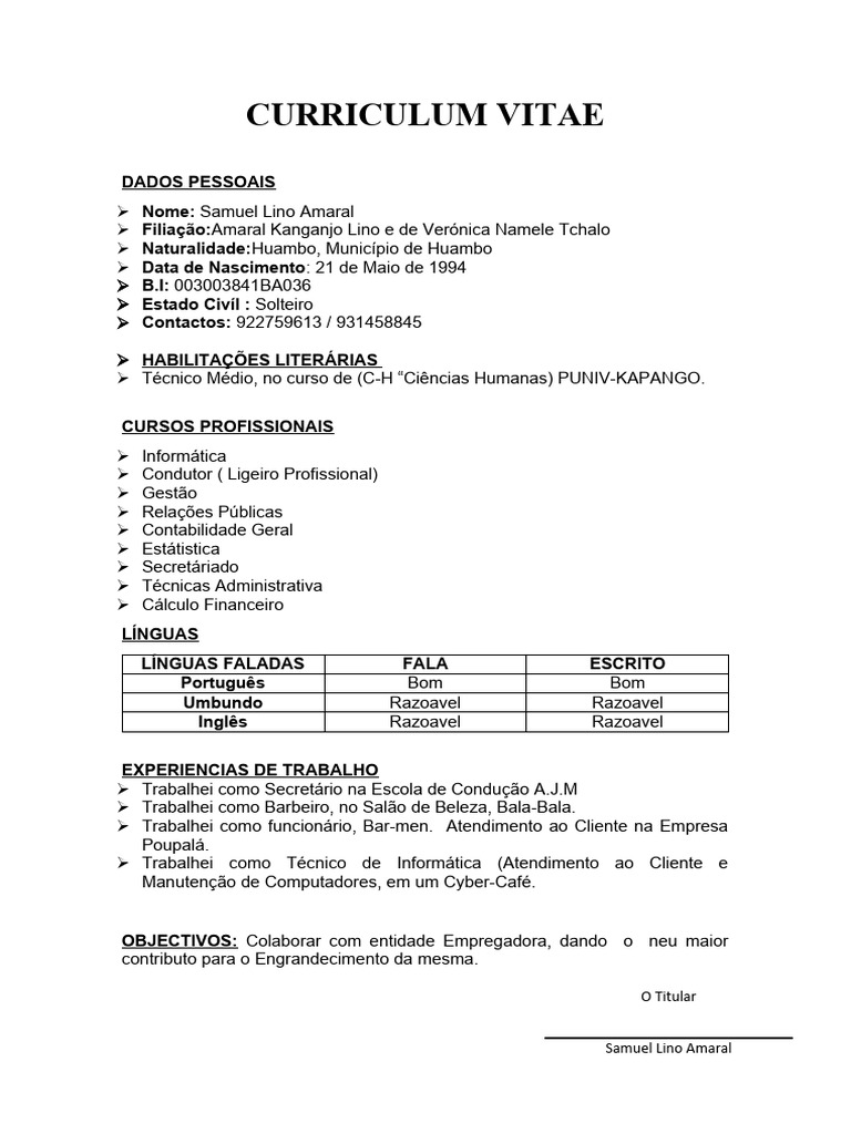 Curriculum Vitae Samuel Lino Amaral | PDF