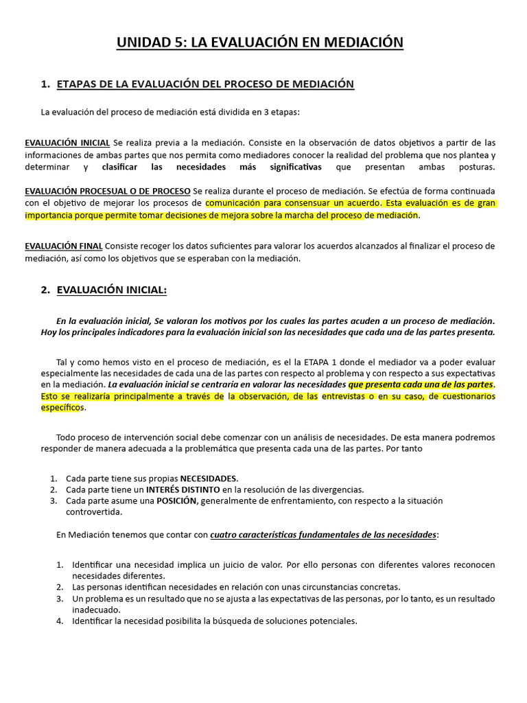 Tema 5 Evaluación Del Proceso de Mediación | PDF | Mediación | Evaluación