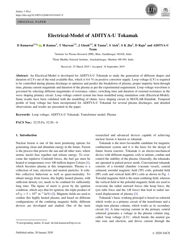 Electrical-Model of ADITYA-U Tokamak | Download Free PDF | Tokamak ...