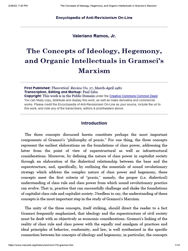 The Concepts of Ideology, Hegemony, and Organic Intellectuals in Gramsci's Marxism | PDF ...