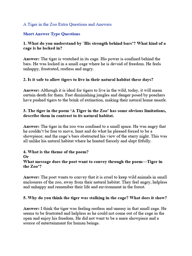 A Tiger in The Zoo Extra Questions and Answers | PDF | Tiger | Zoo