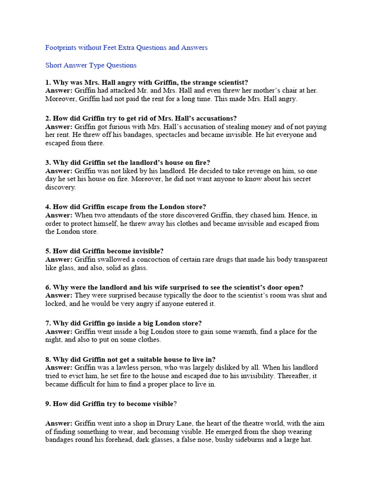 Footprints Without Feet Extra Questions and Answers | PDF | The ...