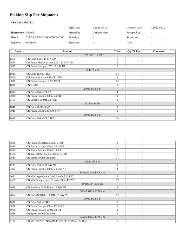 Picking Slip 560078 | PDF | Coca Cola | Fruit
