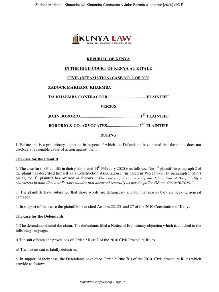 Civil Defamation Case 2 of 2020 | PDF | Defamation | Justice