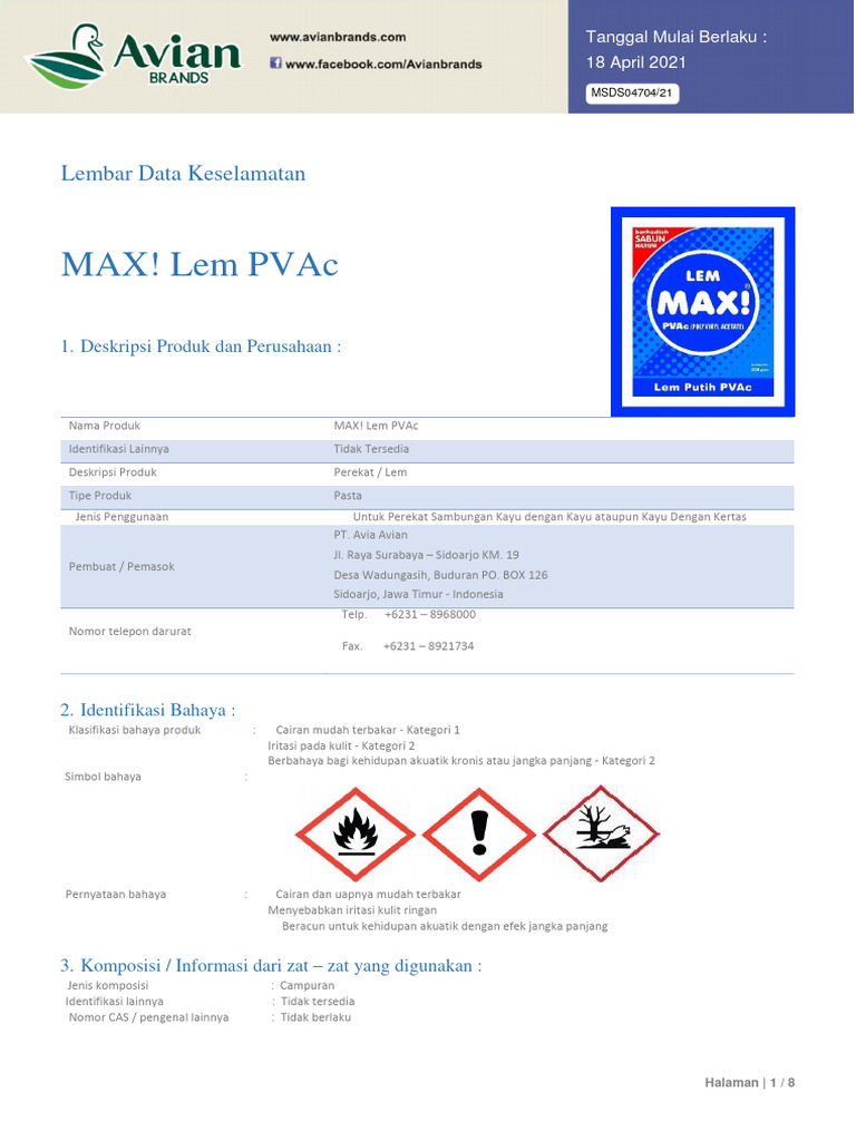 MSDS Lem Putih PVAC | PDF