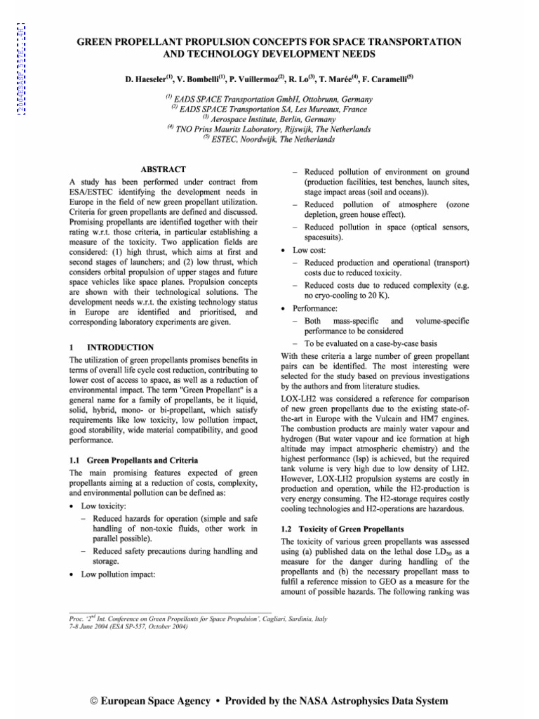 Green Propellant Propulsion Concepts For Space Transportation and ...