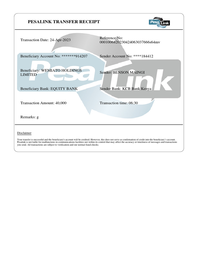 Pesalink Transfer Receipt: Disclaimer | PDF