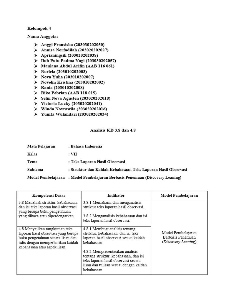 ANALISIS Dan RPP KD 3.8 Dan 4.8 - KELOMPOK 4 | PDF | Seni & Disiplin Bahasa