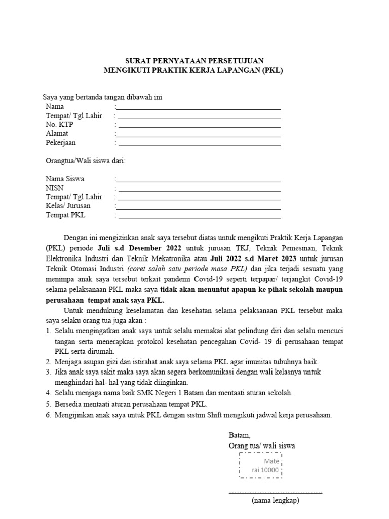 Surat Pernyataan Persetujuan PKL | PDF