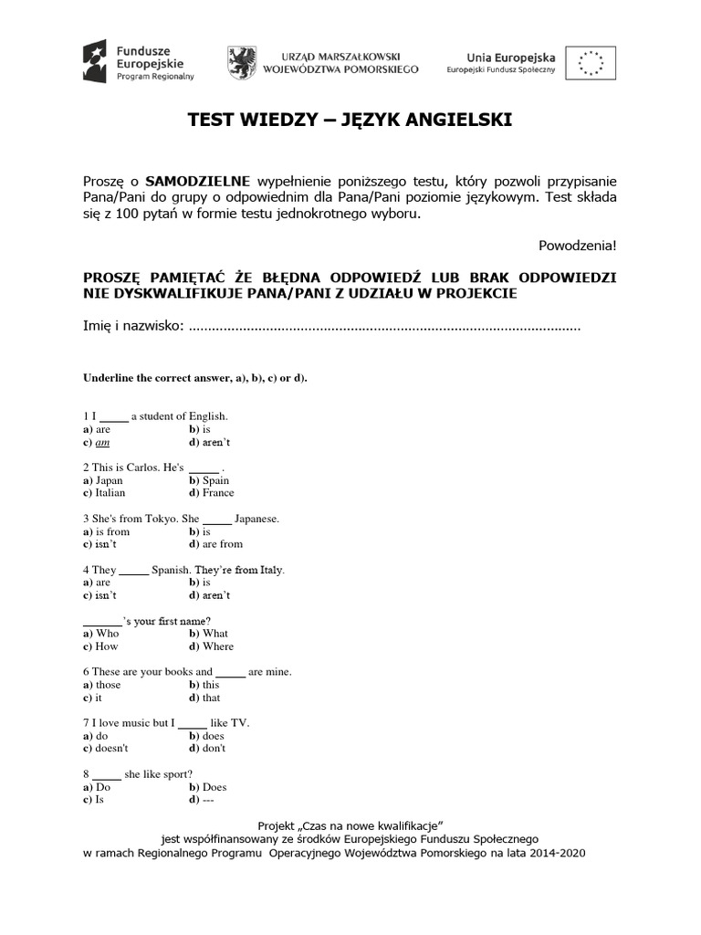 Test Jzyk Angielski | PDF