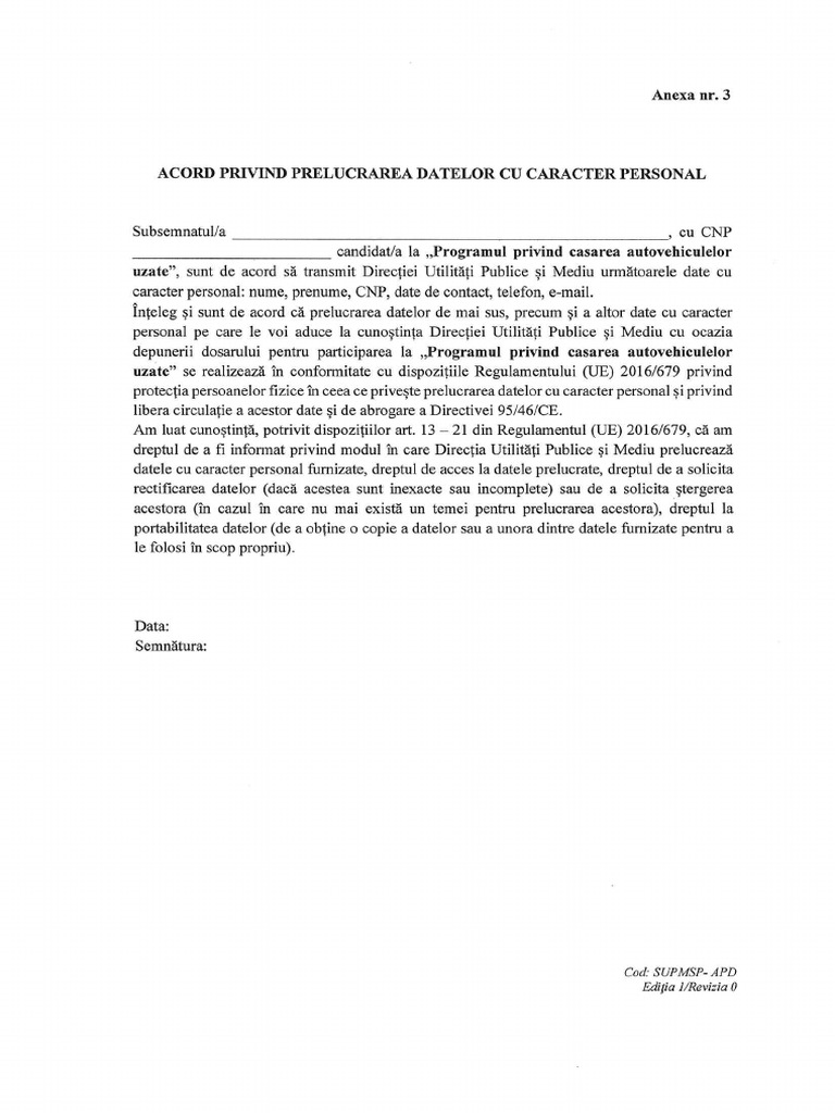 Anexa 3 - Acord Privind Prelucrarea Datelor Cu Caracter Personal | PDF