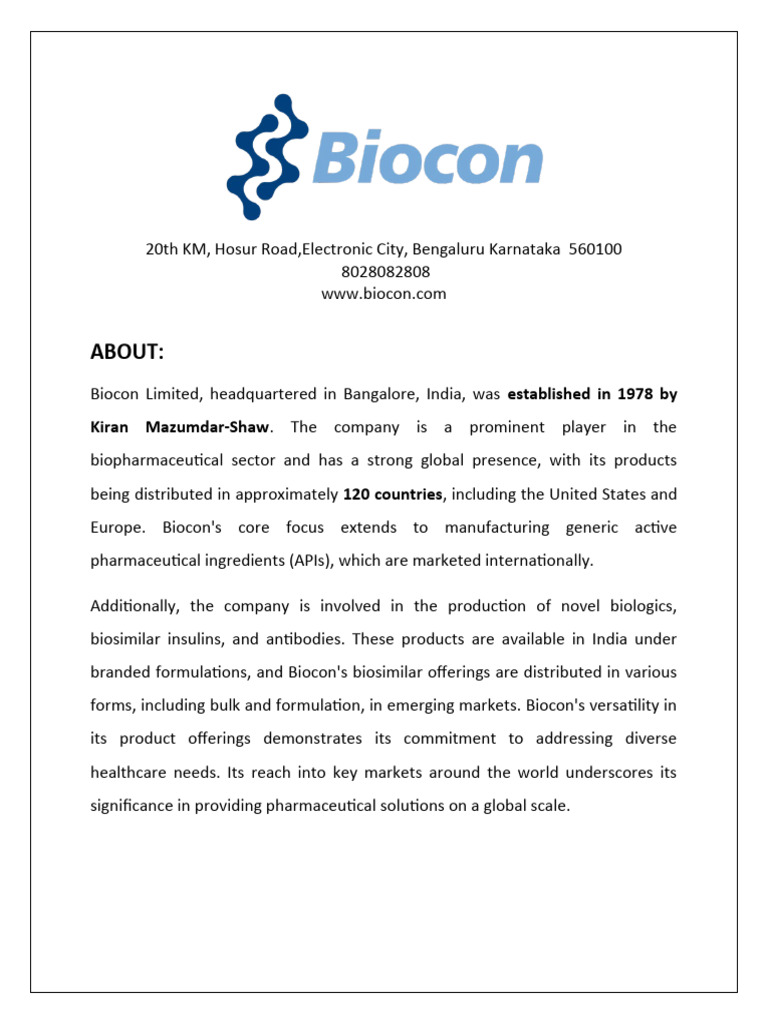 BIOCON | PDF | Pharmaceutical Sciences | Life Sciences