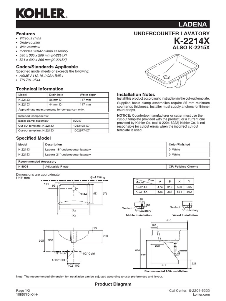 Ladena: Undercounter Lavatory ALSO K-2215X | PDF