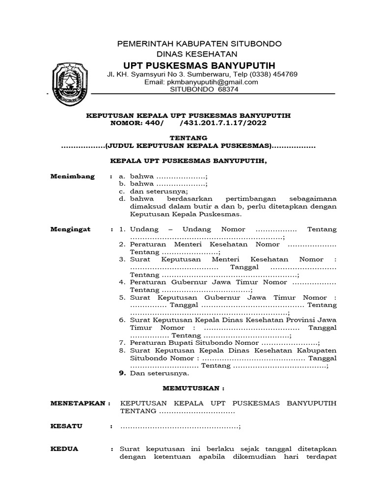 2022 Surat Keputusan Kepala Upt Puskesmas Banyuputih Fix Ok | PDF