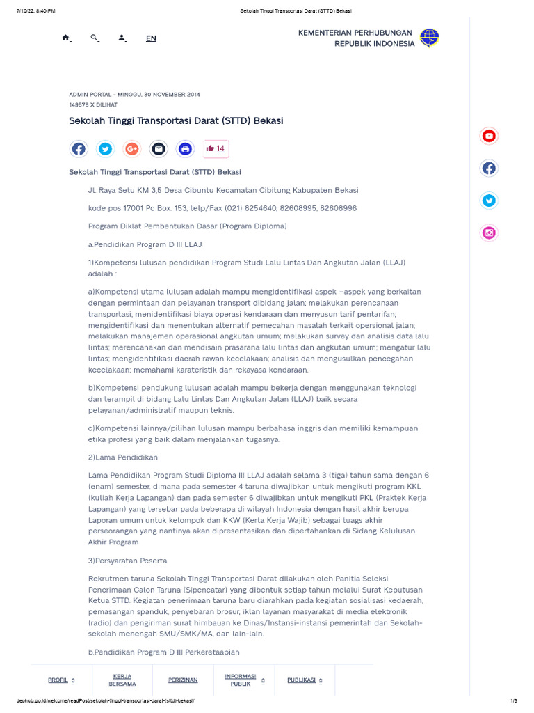 Sekolah Tinggi Transportasi Darat (STTD) Bekasi | PDF