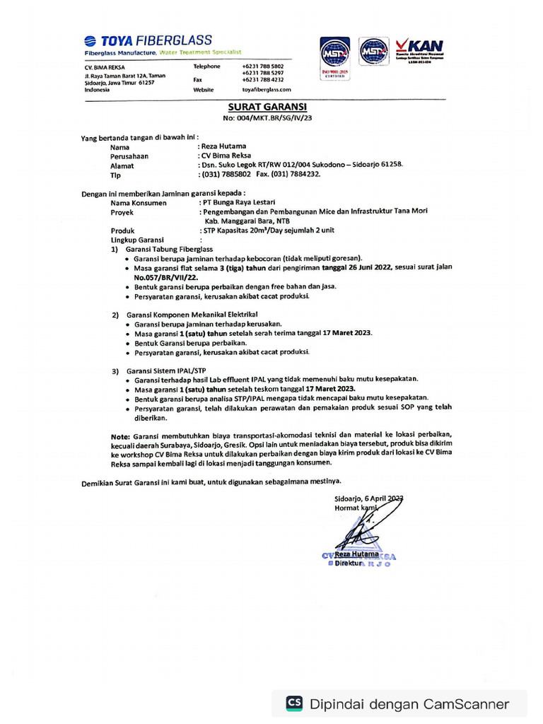Surat Garansi STP, (Toya Fiberglass) | PDF