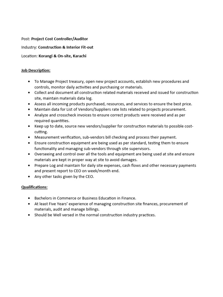 Project Cost Controller OR Auditor | PDF
