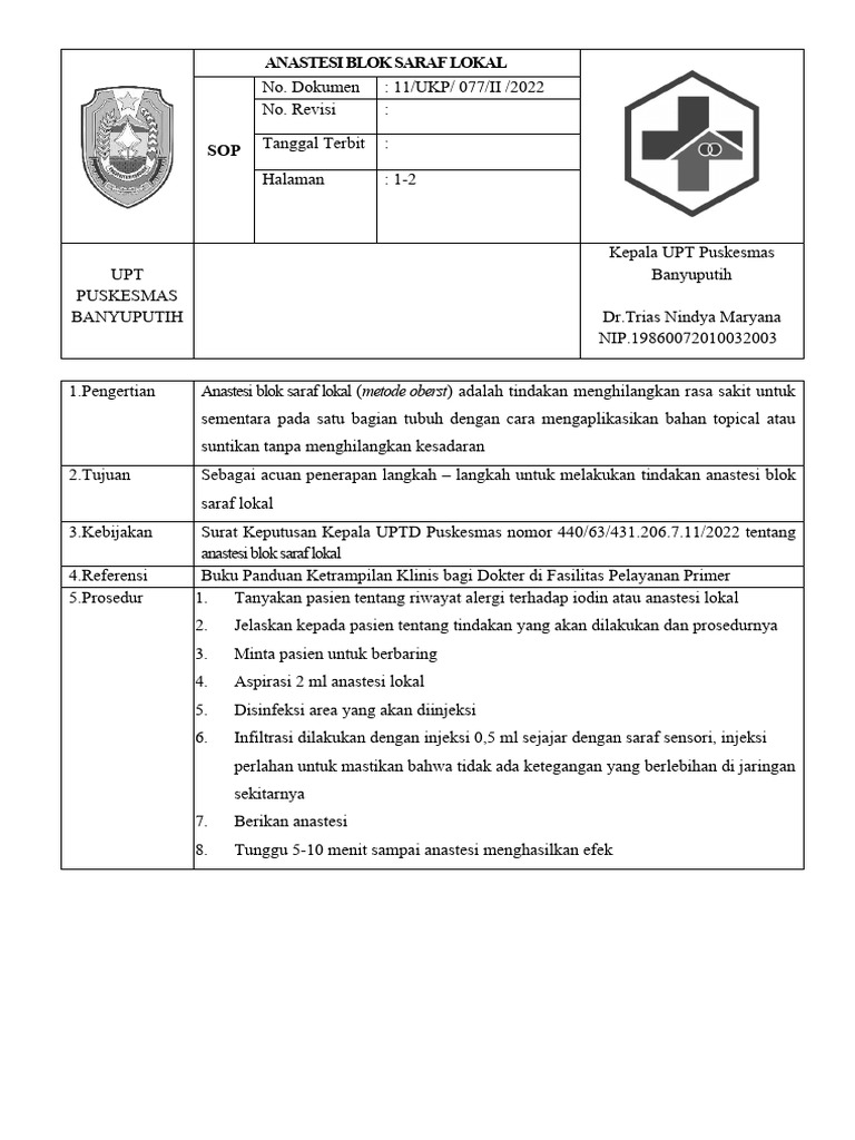 7.7.1.3 Sop Anastesi Blok Saraf Lokal | PDF