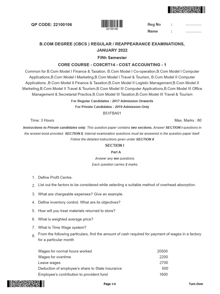 Bcom 5 Sem Cost Accounting 1 22100106 Jan 2022 | PDF | Cost | Economies