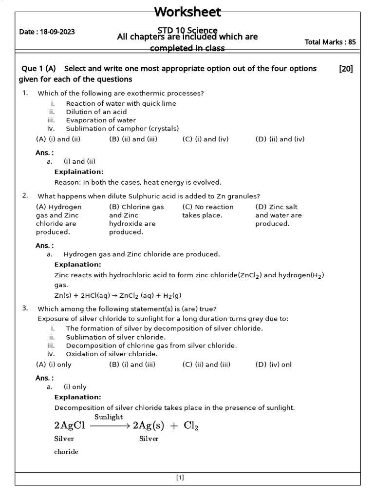Science Worksheet - Solution | PDF | Sodium Chloride | Acid
