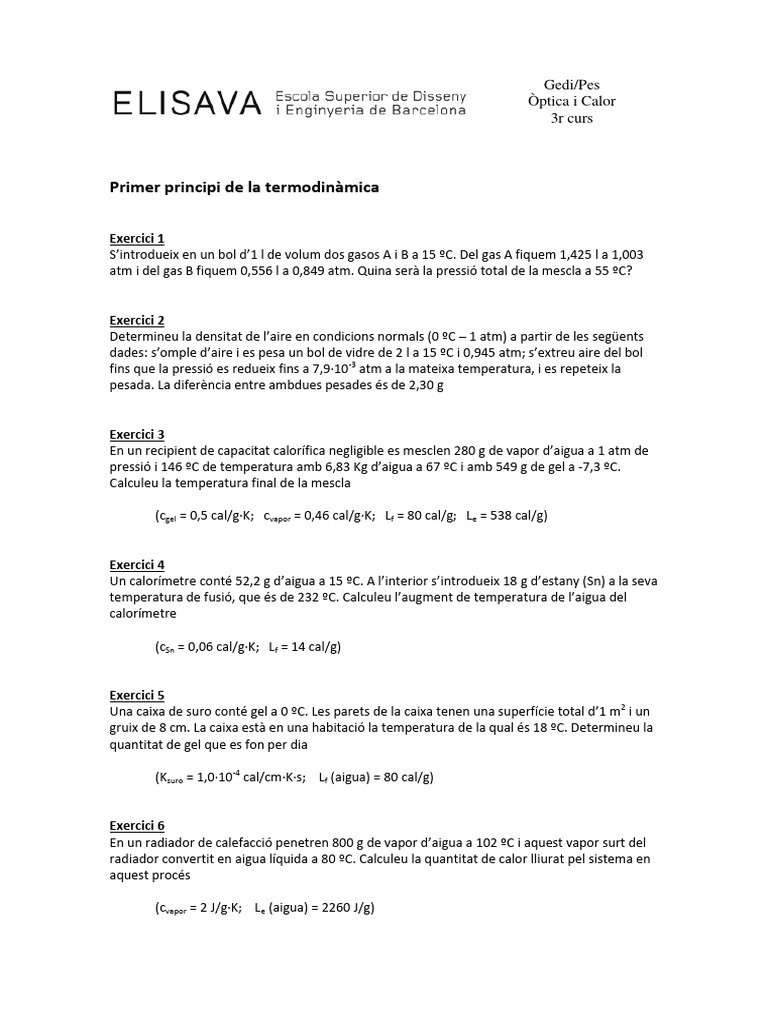 21 Tema 2. Gasos Ideals I Primer Pricipi de La Termodinàmica. Problemes | PDF