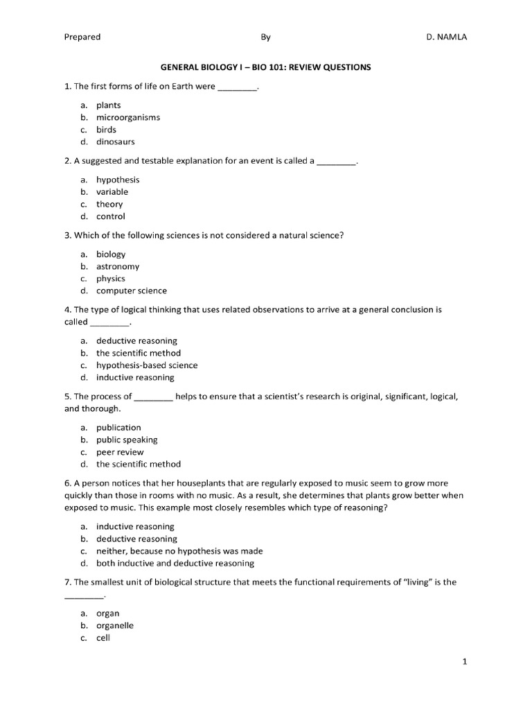 Practice Questions - BIO 101 | PDF