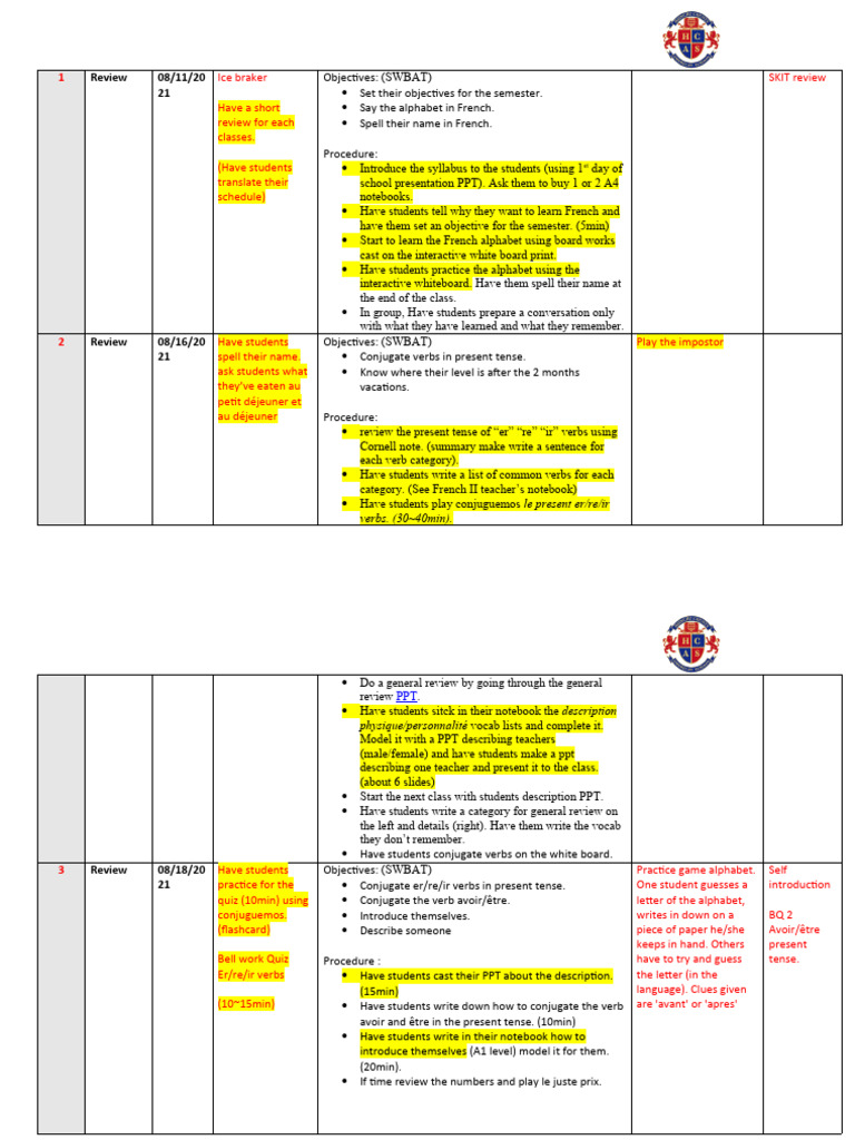 French III Lesson Plan 2021-2022 | PDF | Grammatical Tense | Grammatical Conjugation
