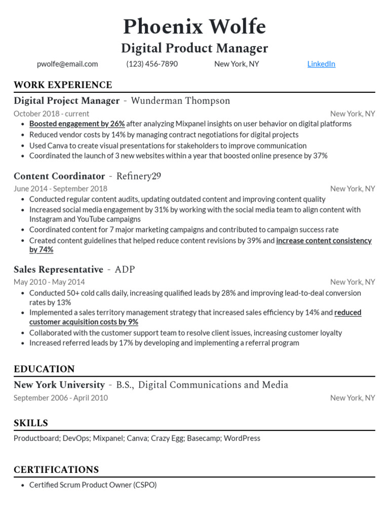 Digital Product Manager Resume Example | PDF