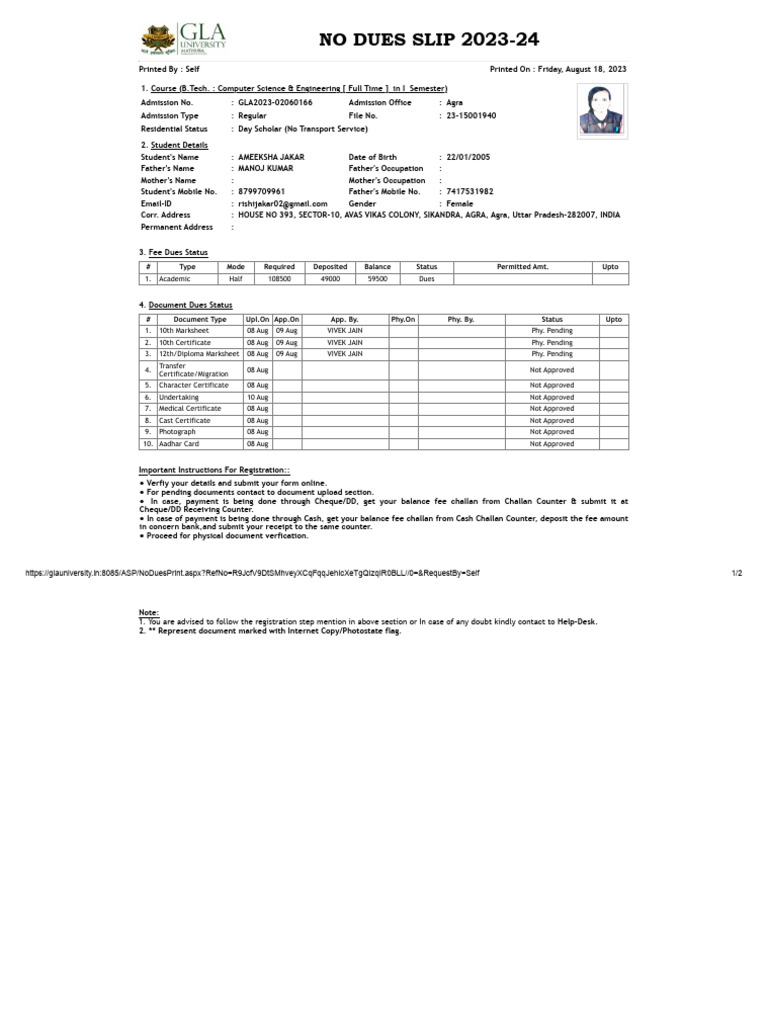GLA University No Dues Slip 2023-24 | PDF | Cheque | Payments