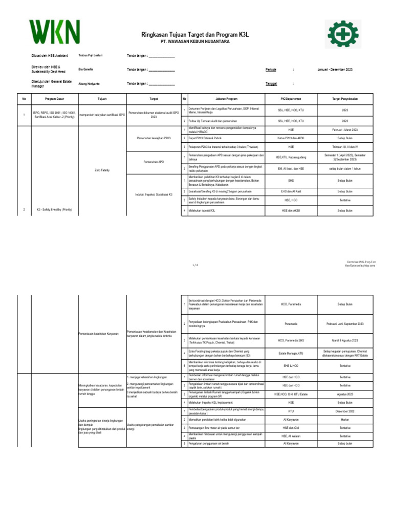HSE - Formulir Tujuan, Target Dan Program K3L-2023 PT - WKN - Revisi | PDF