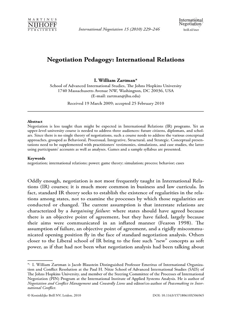 ZARTMAN, Negotiation Pedagogy - International Relations | PDF | Negotiation | Game Theory