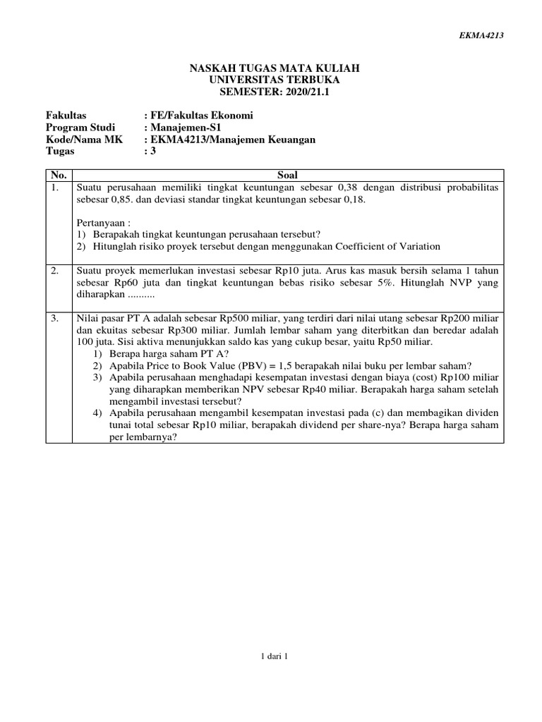 Tugas Manajemen Keuangan EKMA4213 | PDF