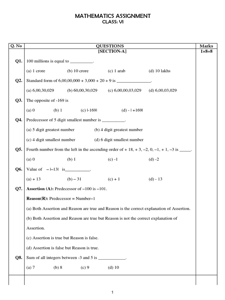 Assignment Class 6 Maths | PDF | Numbers | Integer