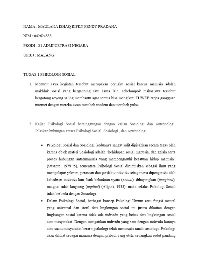 Tugas 1 Psikologi Sosial | PDF | Ilmu Sosial | Sains & Matematika