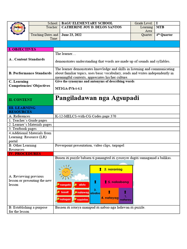 Lesson Plan (Catherine) 4TH Q | Download Free PDF | Learning | Teachers