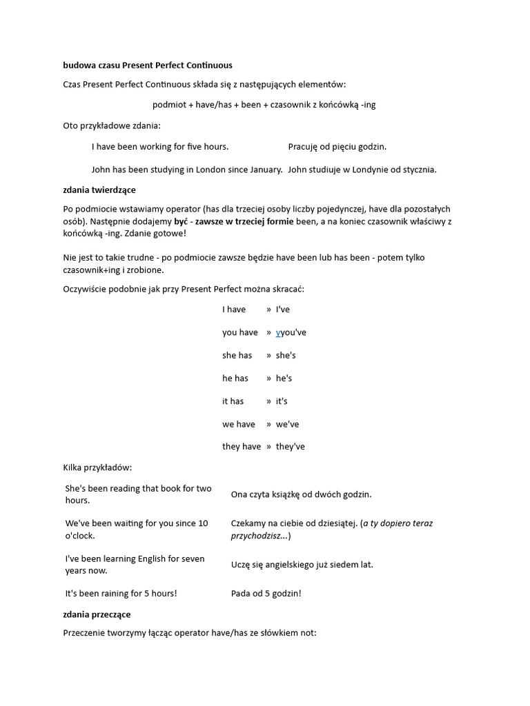 Budowa Czasu Present Perfect Continuous | PDF
