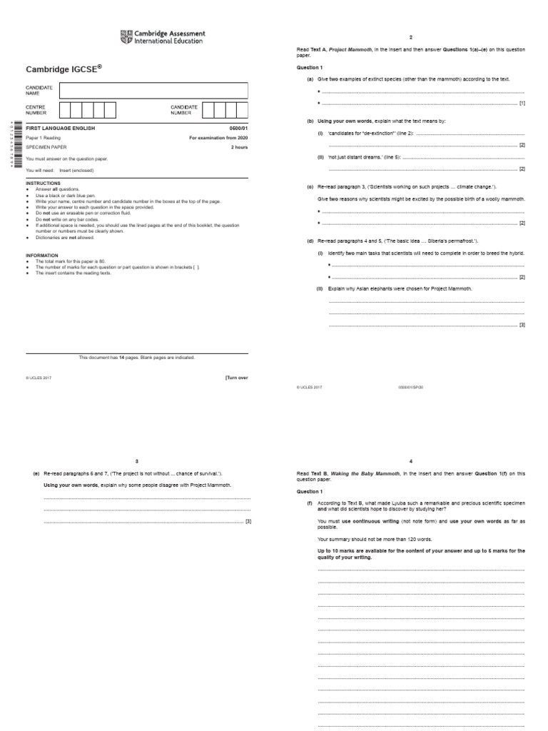 PAST IGCSE 2021 Specimen Paper 1 | PDF