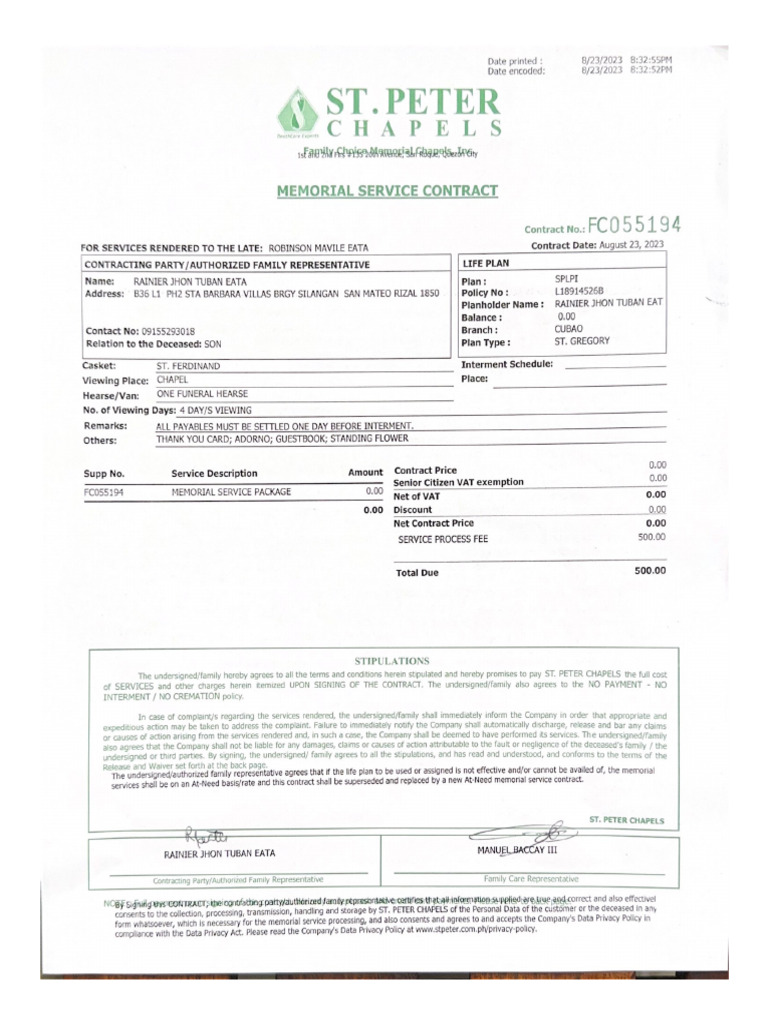 ST - Peter Memorial Service Contract 2 | PDF