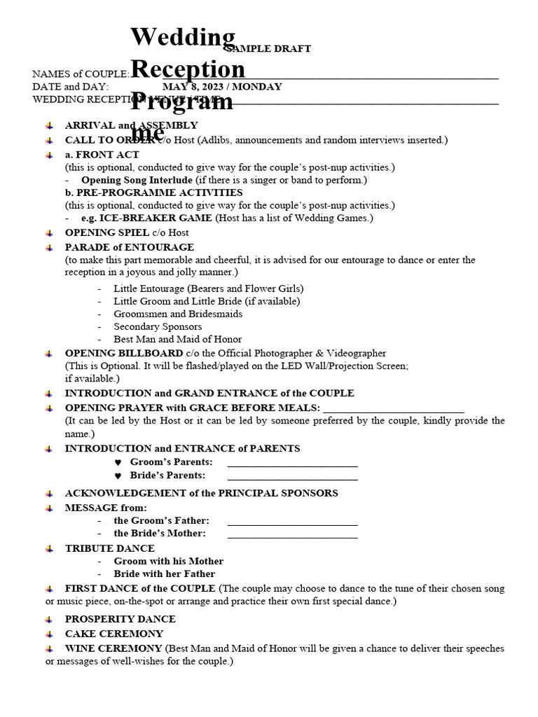Wedding Reception Sample Programme Draft | PDF | Wedding | Bridesmaid