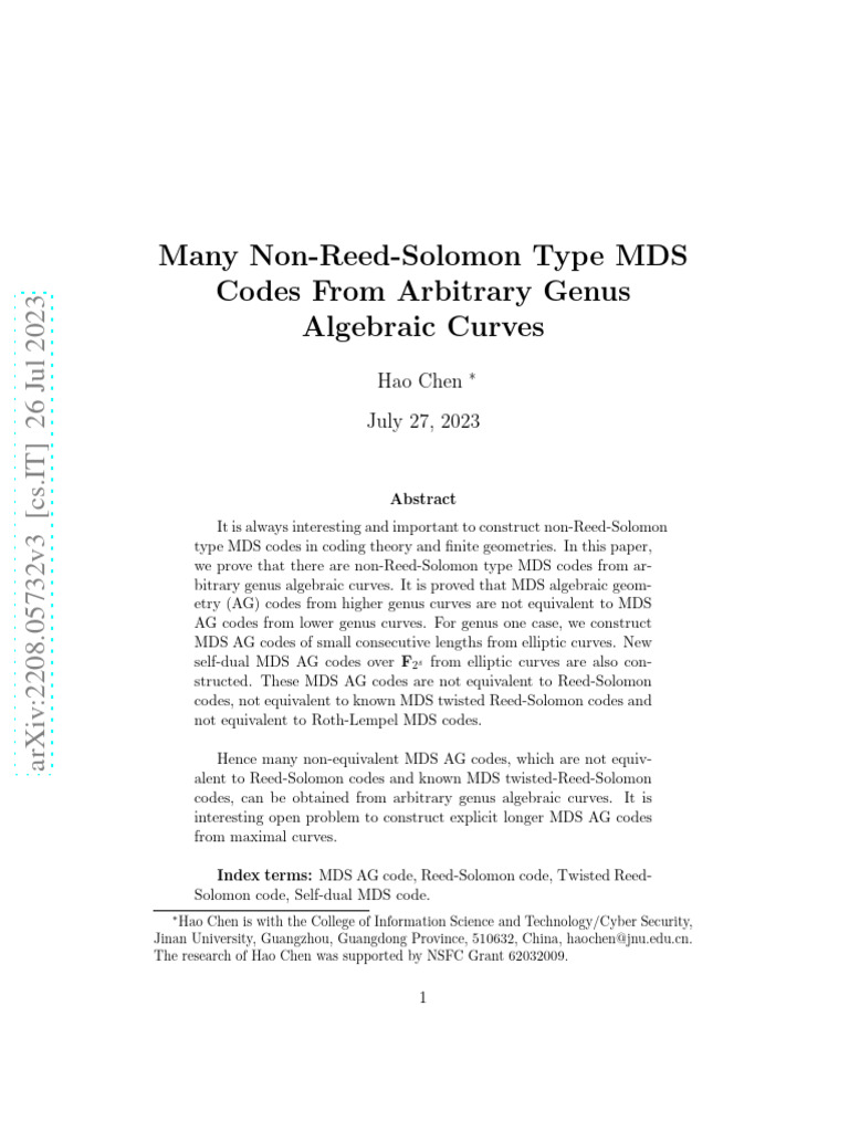 Many Non-Reed-Solomon Type MDS Codes From Arbitrary Genus Algebraic Curves (Hao Chen) | PDF ...