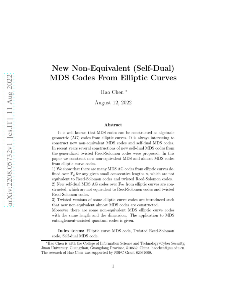 New Non-Equivalent (Self-Dual) MDS Codes From Elliptic Curves (Hao Chen ...