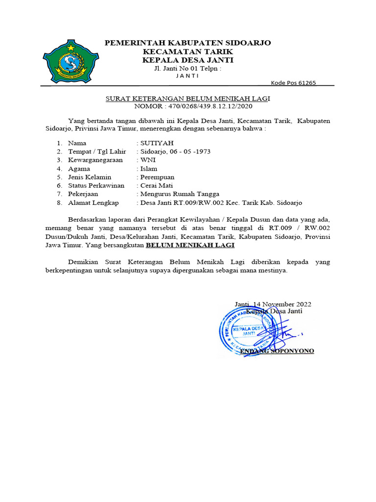 SURAT KETERANGAN BELUM MENIKAH LAGI - Janti Tarik | PDF