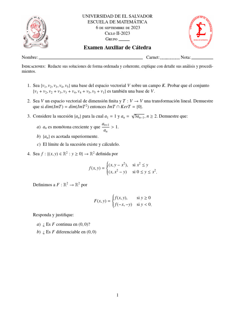 Examen Auxiliar | PDF | Mapa lineal | Física Matemática