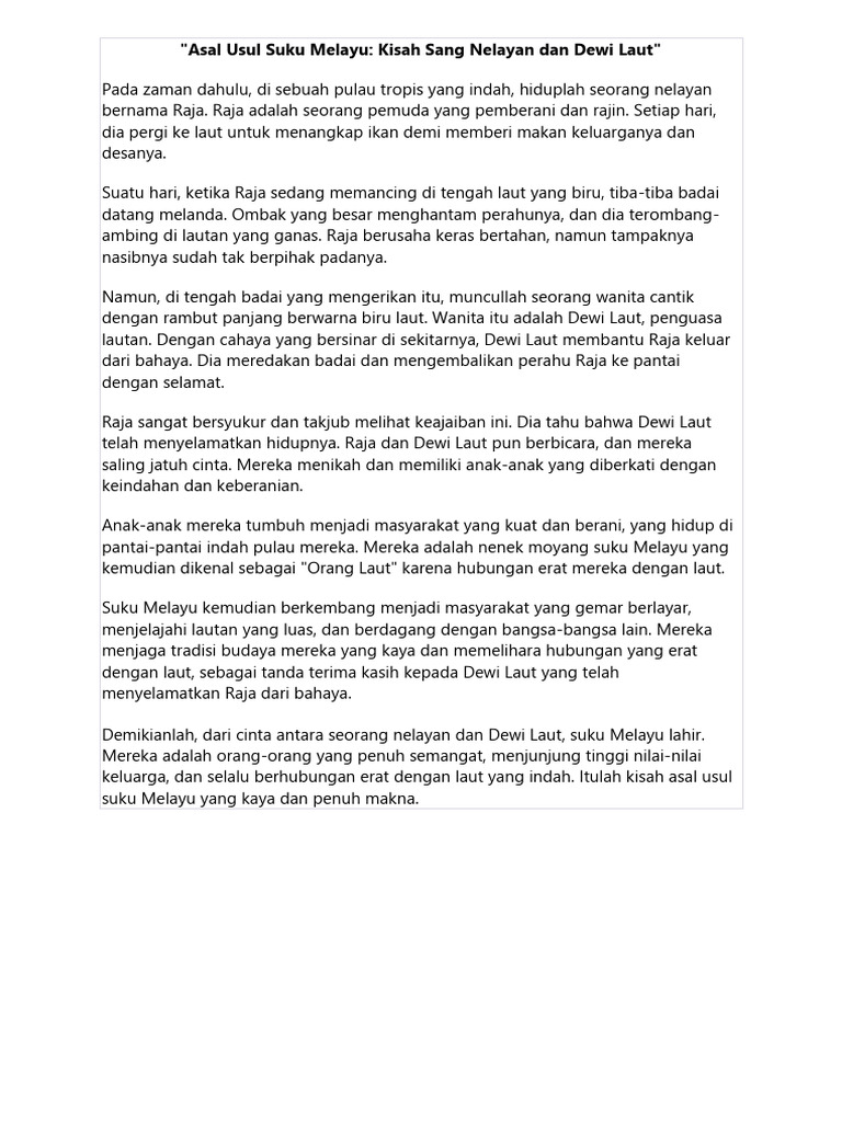 Asal Usul Suku Melayu Kisah Sang Nelayan Dan Dewi Laut | PDF