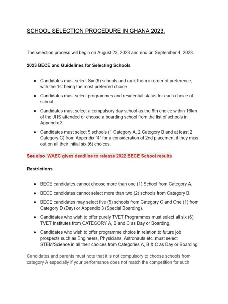 BECE 2025 School Selection Guidelines | PDF